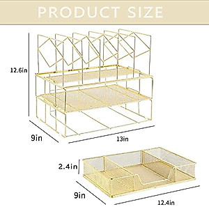 Youbetia Desk Organizers and Accessories - Double Tray and 5 Upright Sections, Office Supplies Desk Organizer with Drawer, File Office Organization with Binder Clips, Gold