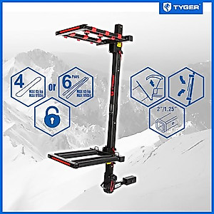 Tyger Auto TG-RK1B707B Folding Hitch-Mounted Ski/Snowboard Rack Fits 2" or 1.25" Receiver Carries 6 Pair Skis or 4 Snowboards | Key Lock | Security Strap | Vertical Adjustable | Tilt Access
