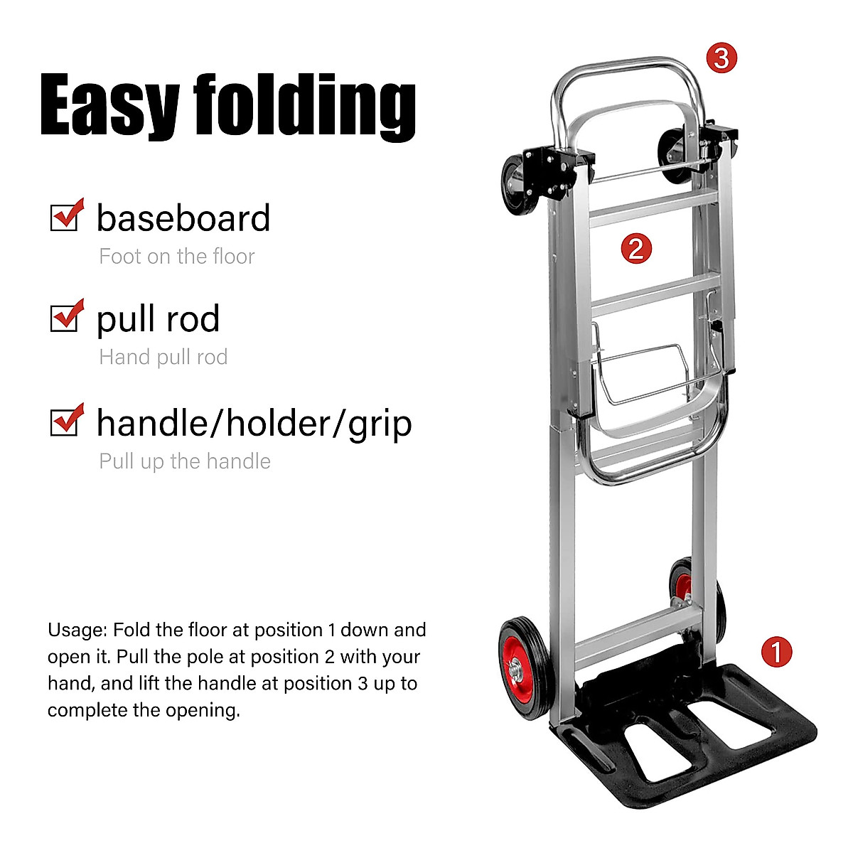 Folding Hand Truck, 3 in1 Aluminum Hand Truck with 3-Position Folding Pulley Handles, Load Capacity 220 lbs