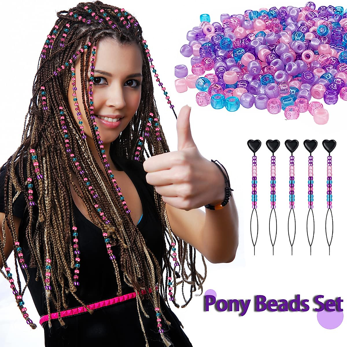 1406 Pieces Pony Beads Set Including 6 Pieces Quick Beader for Kid Hair Braids, 900 Multicolor Plastic Pony Beads and 500 Pieces Mini Rubber Bands Soft Elastic Bands,Can be Used for Hair Braids