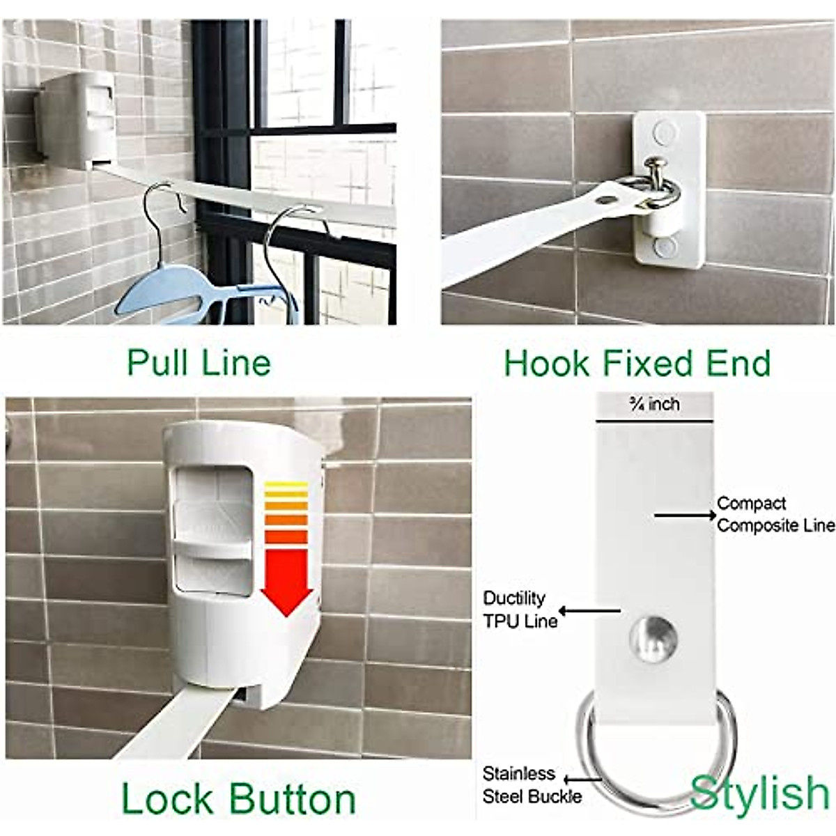 ABHILWY Retractable Clothesline Clothes Line Retracting Outdoor/Indoor, Heavy Duty Adjustable Drying Rope Wire Dryer Widened Belt, Self Adhesive Wall Mount Case with 29 Windproof Hanging Holes White