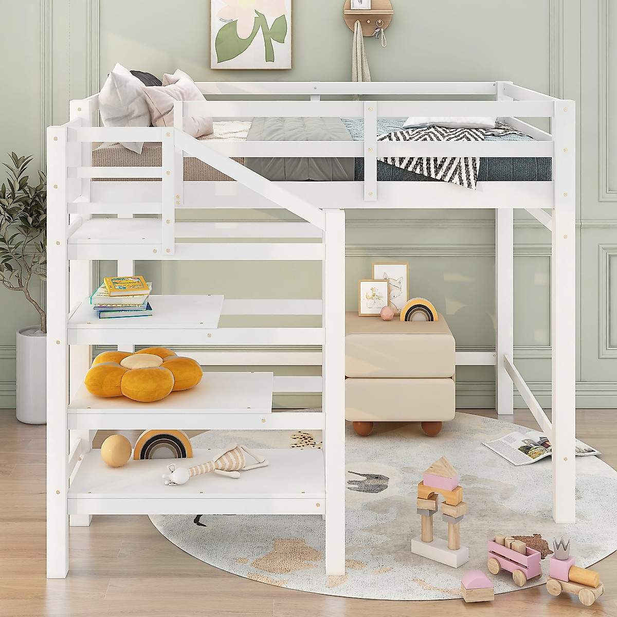 Full Loft Bed with Stairs Wood Frame Storage Shelves and Hanging Rod White Beds for Kids Boys Girls Adults Teens Dorm Bedroom, Full Size White With Stairs