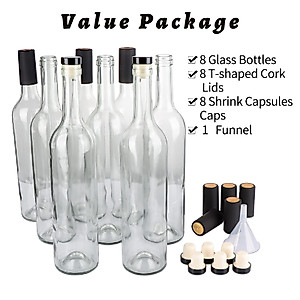 GUANENA 8 Pack 750ml Clear Glass Bottles with Cork Lids and PVC Shrink Capsules, Empty Home Brewing Wine Bottles with Funnel for Sparkling Wine, Juice, Kombucha, Beverages