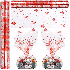 Cellophane Wrap Roll Hearts Design | 100’ Ft. Long X 16” in. Wide | 2.3 Mil Thick Crystal Clear with Red Hearts | Gifts, Baskets, Treats, Flowers, Cello Wrapping Paper | Hearts Design Cellophane for Birthdays, Holidays, Graduations | by Anapoliz