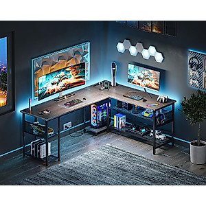 ODK 66" L Shaped Desk with Power Outlet and USB Charging Ports, Reversible L Shaped Computer Desk with Storage Shelves, Home Office Desk, Gaming Desk, Corner Desk, Grey Oak