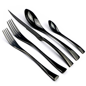 JANKNG 20-Piece 18/10 Stainless Steel Serrated Steak Knife Flatware Set, Mirror Polishing Black, Service for 4