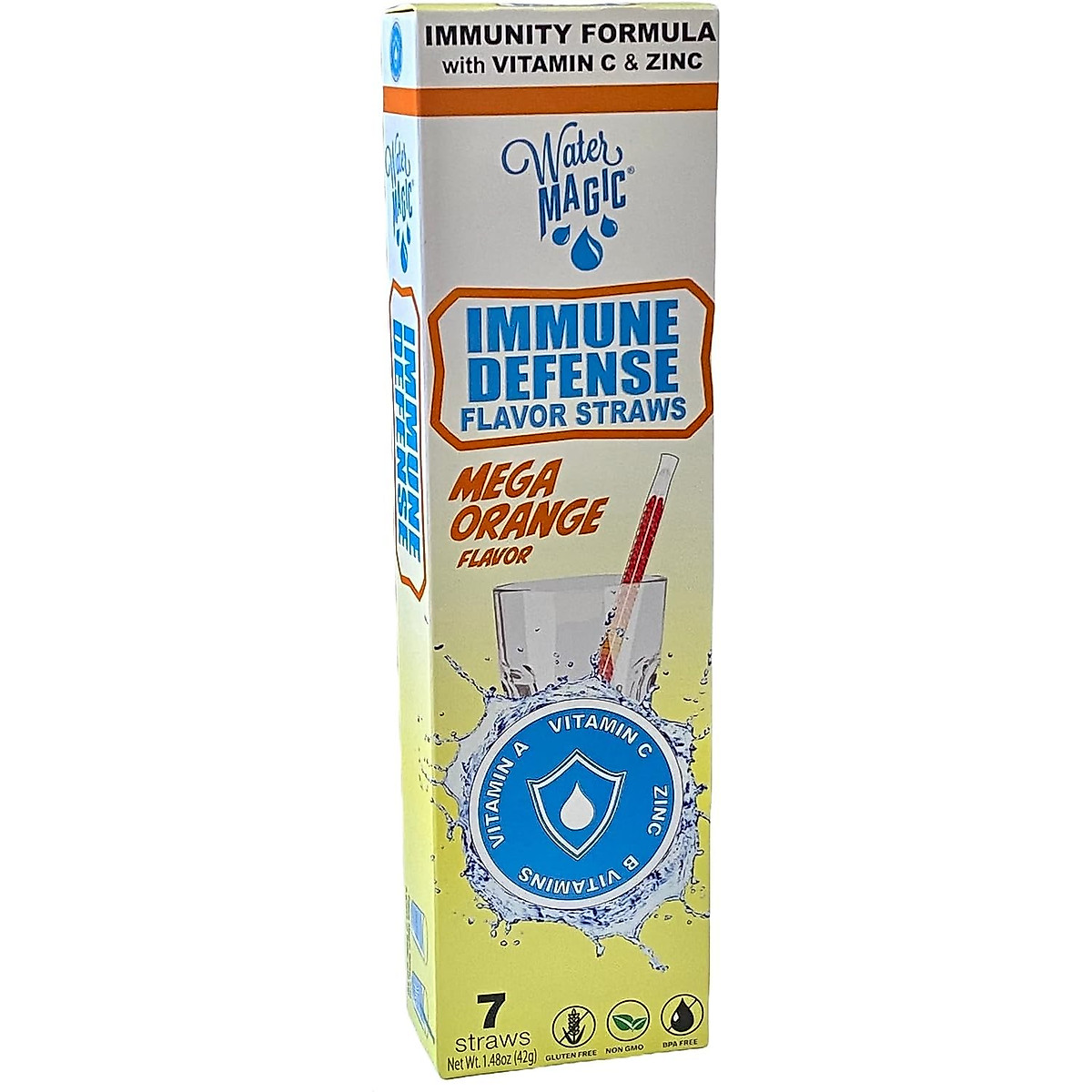 Water Magic Immune Defense Water Flavoring Straws - 1 Box of 7 Mega Orange Flavored Water Straws