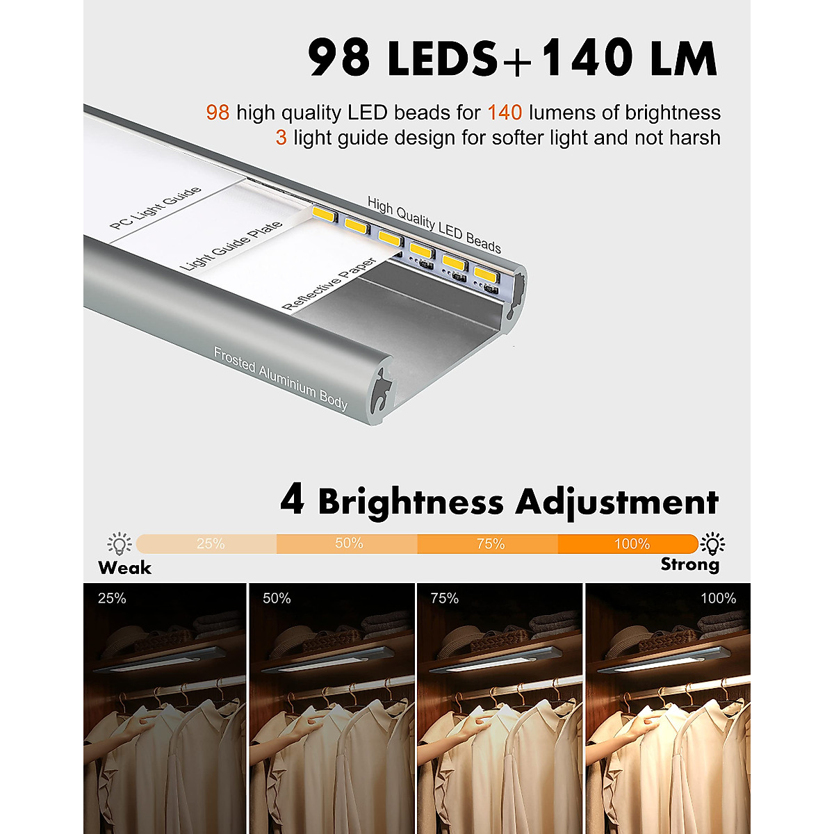 VIEYKEA Wireless Motion Sensor Under Cabinet Lighting with 3 Rechargeable Detachable Batteries, Kitchen Counter Light with Adjustable Color Temperature Dimmable Brightness for Closet(2 Pcs,13 in)