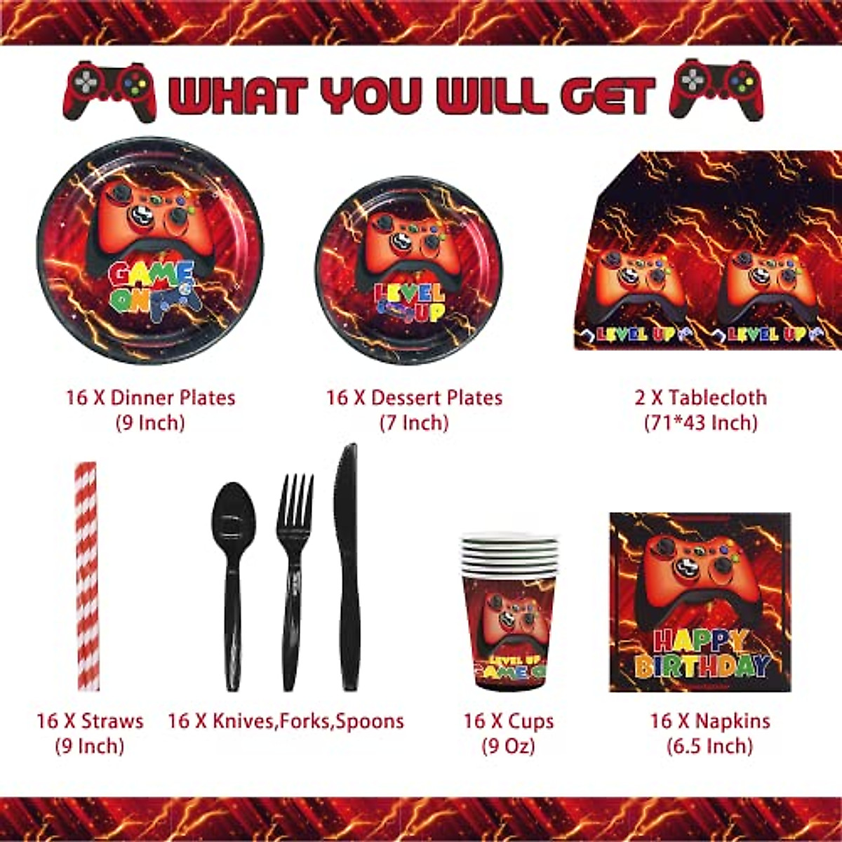 Red Video Game Party Supplies - 212Pcs Gamer Gaming Party Decoration For Boys Birthday Party - Table Cover, Plates, Cups, Napkins, Utensils, Hanging Swirls, Birthday Banner, Cupcake, Topper Cake Topper & Balloons Serves 16 Guests