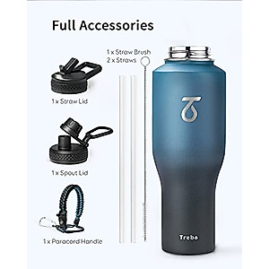 Trebo 40oz Water Bottle Insulated with Lid and Straw,Double Wall Vacuum Stainless Steel Metal Tumbler Flask Fit in Any Car Cup Holder with Paracord Handle,Leakproof Keep Drink Cold & Hot,Indigo/Black