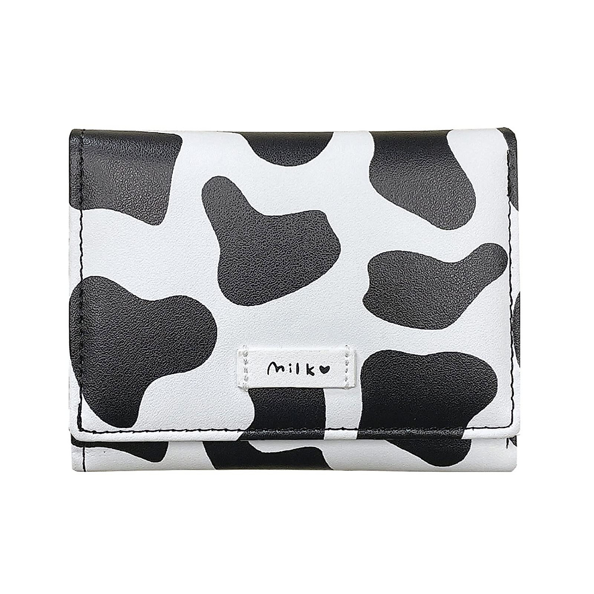 MOZXIRZ Women Girls Wallet Cute Cow Print Tri-Fold Wallet PU Leather Purse Slim Small Short Wallet Cartoon Trifold Cash Card Holder Bag (Black Cow)