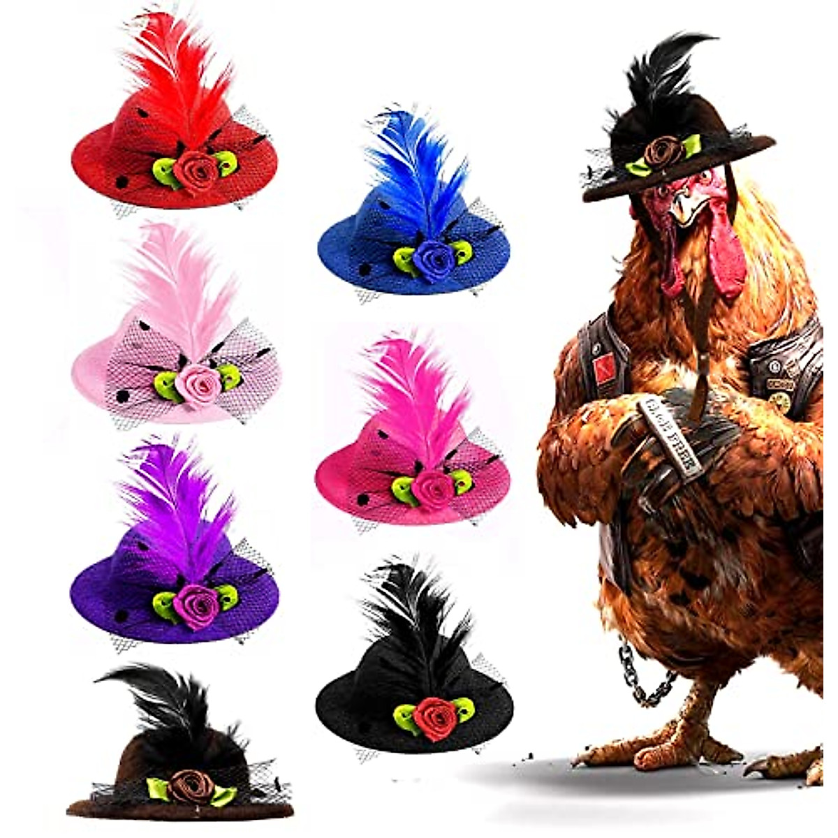 7 Pieces Chicken Hats Chicken Funny Costume Chicken Helmet Halloween Accessories Funny Small Hat Tiny Pet Hat for Hen Tiny Pets with Adjustable Elastic Chin Strap (7 Color)
