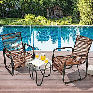 RELAX4LIFE 3-Piece Patio Conversation Set - PE Wicker Bistro Set with 2 Single Chairs & Tempered Glass Coffee Table, Outdoor Furniture Set for Garden, Backyard, Poolside, Lawn
