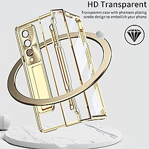 Ultra-Thin Flat Hinge Folding Electroplated Lens Film Mobile Phone Case with Pen Holder for Samsung Galaxy Zfold3/Zfold4 - HD Transparent Phone Case (Z Fold 3, Gold)