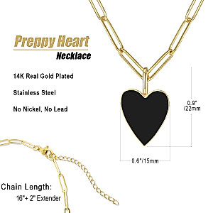 Meeran Heart Necklace for Women,Preppy Jewelry Dainty Paperclip Chain Necklace for Women,Cute Black Heart Preppy Necklaces 16+2 Inches