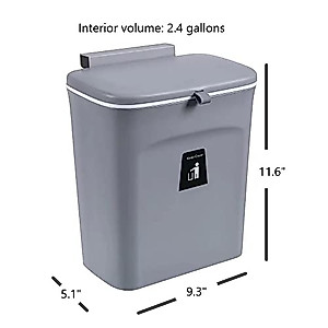 Kitchen Gear. Hanging Trash can with Cabinet Bracket and lid. 2.4 Gallon. Functions as a Small Garbage can or Compost bin. Hangs in Kitchen or Bathroom Using Cabinet Bracket or Wall Hanger.