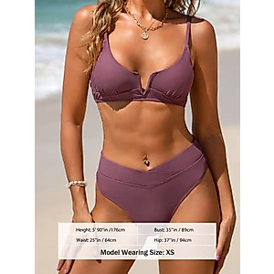 CUPSHE Bikini Set for Women Two Piece Swimsuits V-Wire Bralette High Waisted High Cut Cheeky Bottom S, Purple