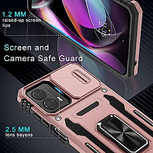 DEERLAMN Case Compatible with Moto G 5G 2023 with Slide Camera Cover+Screen Protector(1 Pack),Rotated Ring Kickstand Military Grade Shockproof Protective Cover-Rose Gold
