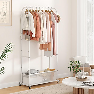 MOYIPIN Double Rods Clothing Rack with Wheels,Clothing Rack for Hanging Clothes Coat Scarves Bags,Multi-functional Bedroom Garment Rack,4 Hooks,White