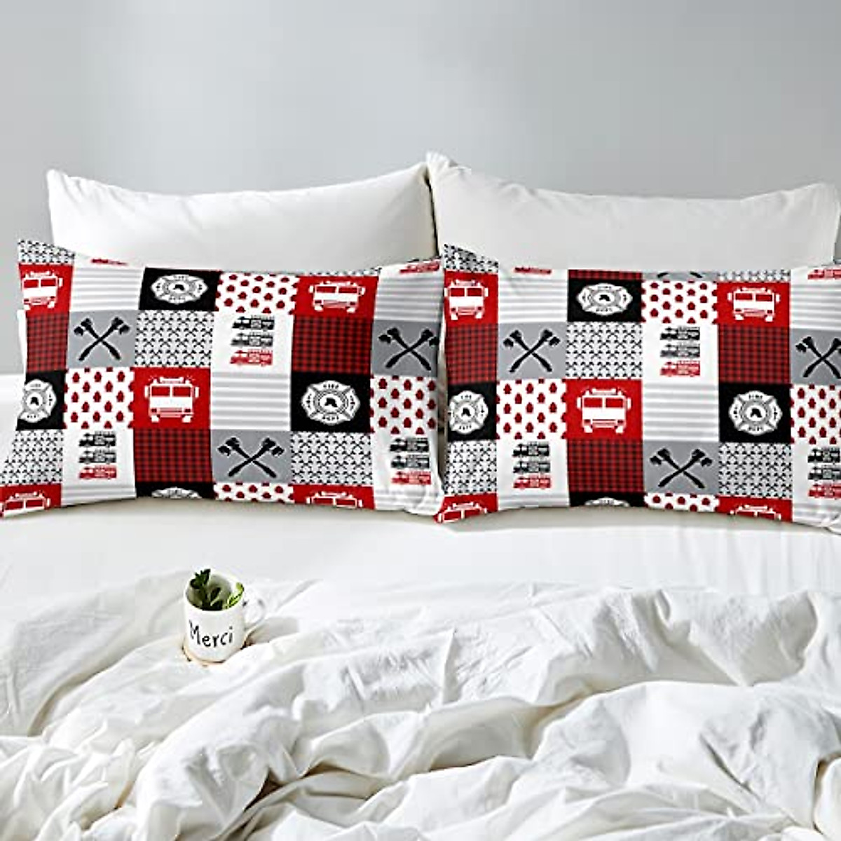 5Pcs Red Fire Truck Car Duvet Cover Set Queen Size & Curtain Set: 1 Duvet Cover + 2 Pillowcase + 2 Panels of 42 W x 63 L inch Each