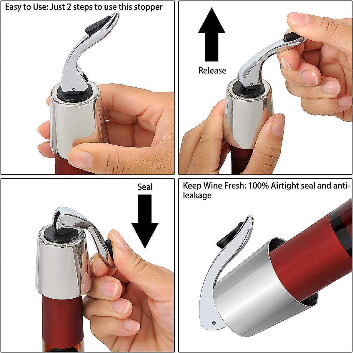 FKYTION Wine Stopper Pack of 3 Stainless Steel Wine Stopper and Has Strong Sealing Bottle Sealer, Keeps Wine Fresh Reusable Wine Saver