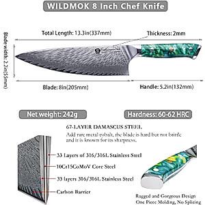 WILDMOK Chef Knife, 8 inch Damascus Japanese Kitchen Cooking Knife,Japanese VG10 Steel Green Resin Handle kitchen knives,Damascus chef's knives Including Gift Box
