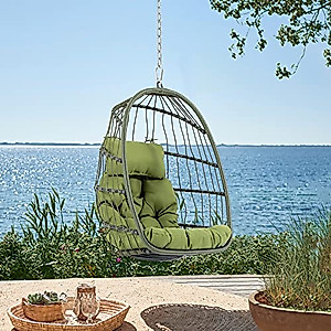 Patiorama Indoor Outdoor Egg Swing - Rattan Hanging Chair w/Cushion, 350lbs Capacity, All Weather Foldable Hammock Chair for Bedroom, Porch (Olive Green)