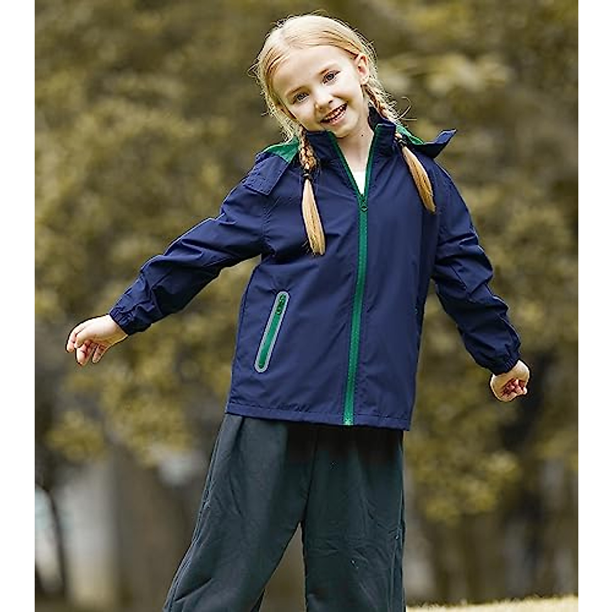 SaphiRose Kids Rain Jacket Waterproof Raincoat Mesh Lined Coat with Removable Hood for Boys Girls (Navy,8-9 years)
