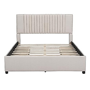 Prohon Upholstered Platform Bed with Classic Headboard and 4 Drawers, Space-Saving Bed Frame Queen Size, Strong Slat Wooden Support with Comfortable Linen Fabric, No Box Spring Needed, Beige