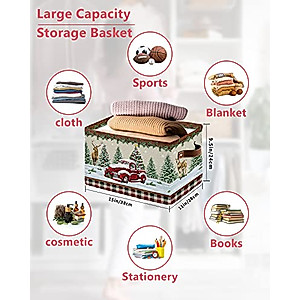 Christmas Storage Bins, Christmas Truck Xmas Tree Elk Snowflake Red Green Plaid Storage Baskets for Organizing Closet Shelves Clothes Decorative Fabric Baskets Large Storage Cubes with Handles