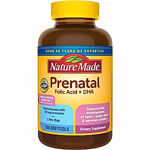 Prenatal with Folic Acid + DHA, Prenatal Vitamin and Mineral Supplement for Daily Nutritional Support, 150 Softgels, 150 Day Supply Plus Bonus 2 Sugar-Free White Peach Hydration Stick