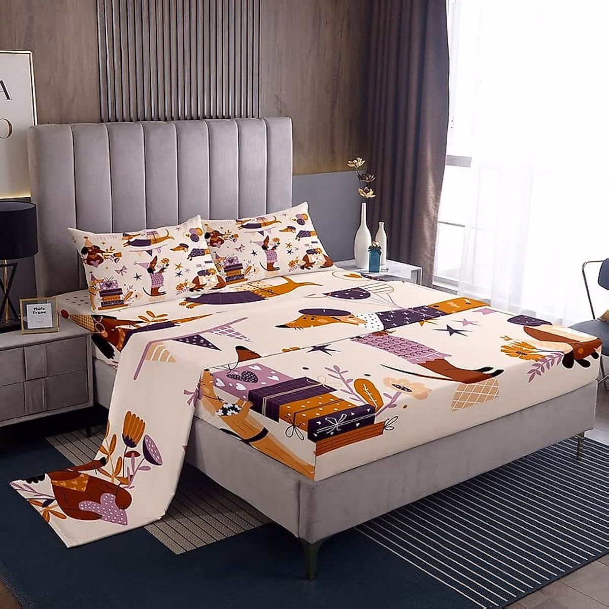 Dachshund Kids Sheet Set Sausage Dog Bed Sheets Set for Boys Children Teens Bedroom Decor Cute Puppy Dog Sheets with Deep Pocket Fitted Sheet Happy Festival Bedding Set Queen Size with 2 Pillow Case