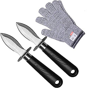 Oyster Shucking Knife Clam Knife Shucker Shellfish Seafood Opener with Non Slip Handle and Level 5 Protection Food Grade Cut Resistant Gloves(XL)