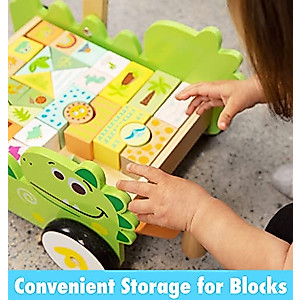 Pidoko Kids Wooden Baby Walker - Toys for 1 Year Old Boy Girl - Push Walker Toy for Babies - Includes Dinosaur Cart, 36 Pcs Building Blocks, Stacking Cups and Book - Learning Walker for Toddlers Gifts