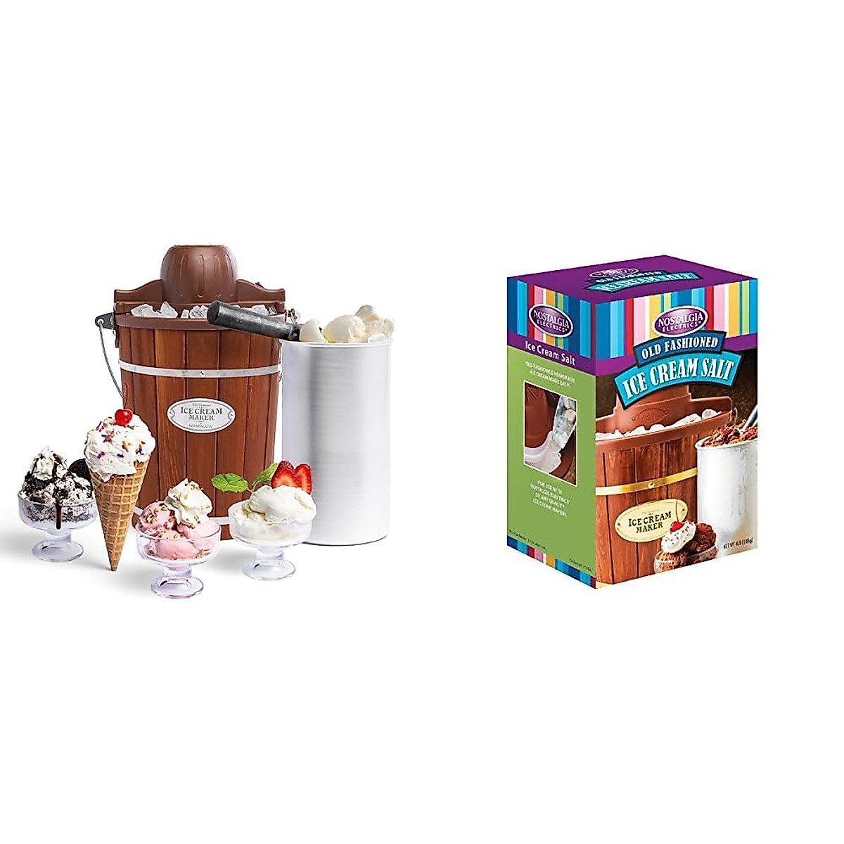 Nostalgia Electric Ice Cream Maker - Old Fashioned Soft Serve Ice Cream Machine Makes Frozen Yogurt or Gelato in Minutes - Fun Kitchen Appliance - Vintage Wooden Style - Dark Wood - 6 Quart and Nostalgia ice Cream Rock Salt, 4lb, Tub