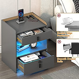 Vlsrka Nightstand with Charging Station, Night Stand with Drawers, LED Nightstands with 24 RGB Colors, Modern Side Table with USB Ports and Open Shelf, Bedside Table for Bedroom, Grey