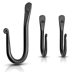 Stur-De Decorative Hooks for Wall - Wall Hooks for Hanging Coats, Hats, & Bags, Versatile Towel Hooks for Bathrooms or Kitchen - Wrought Iron Hanging Hooks - Pack of 3, Black - 2 x 0.35 x 3.75 Inches