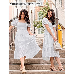 MEROKEETY Women's White Dress Summer Square Neck Puff Sleeve Boho Midi Dress Swiss Dot Ruffle Flowy Tie Back Dress, White, S