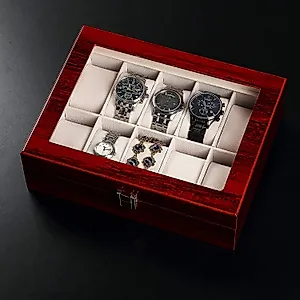 Uten Watch Box, 10 Slots Wooden Watch Case with Removable Watch Pillow, Metal Clasp Watch Display, Watch Box Organizer for Men and Women
