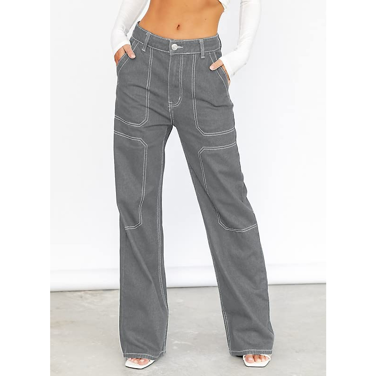 Dokotoo Wide Leg Jeans for Women Casual High Waisted Cargo Jeans Denim Pants Gray Size 12