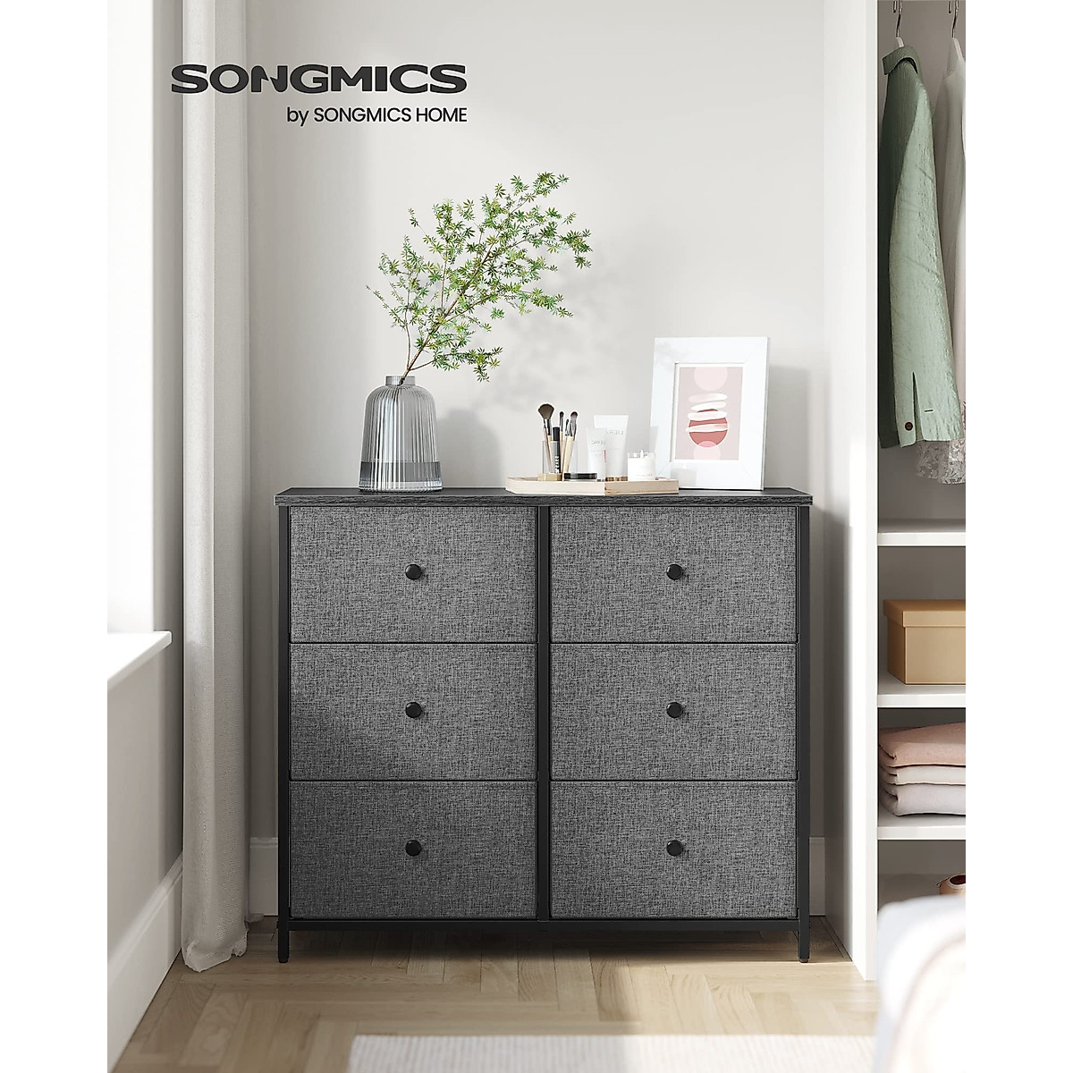 SONGMICS Dresser for Bedroom, Chest of Drawers, 6 Drawer Dresser, Closet Fabric Dresser with Metal Frame, Gray and Black with Wood Grain ULTS323G22, 11.8”D x 31.5”W x 27.1”H