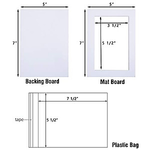Acid Free 5 Pack 5x7 Pre-Cut Mat Board Show Kit for 4x6 Photos, Prints or Artworks, 5 Core Bevel Cut Matts and 5 Backing Boards and 5 Crystal Plastic Bags, White