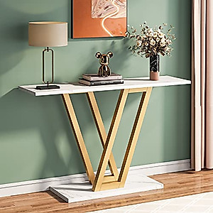 Tribesigns Gold Console Table, Modern Hallway Table for Entryway, 43 Inch Entryway Tables Narrow Sofa Table for Living Room, Stable Metal Frame & Easy Assemble, Faux Marble White