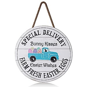 CYPREWOOD Easter Decoration Sign for the Home, 16" Large Farmhouse Wooden Easter Decor, Easter Signs for Door Hanger, Yard (Little Blue Truck Easter)