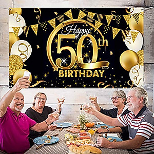 Birthday Party Decoration Extra Large Fabric Black Gold Sign Poster for Anniversary Photo Booth Backdrop Background Banner, Birthday Party Supplies, 72.8 x 43.3 Inch (50th)