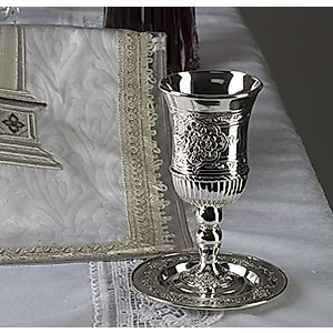 Ner Mitzvah Tall Kiddush Cup and Tray - Premium Quality Silver Plated Goblet With Stem - Shabbat and Havdalah Goblet - Judaica Shabbos and Holiday Gift