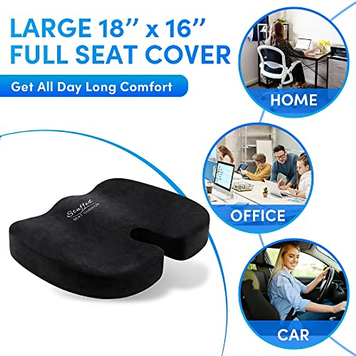 Stuffed Seat Cushion for Office Chair, Large Memory Foam Seat Cushion for Long Sitting, Butt Pillow for Lower Back, Coccyx, Tailbone Pain Relief