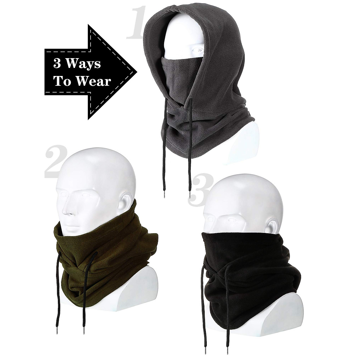 Syhood 3 Pieces Winter Fleece Balaclava Ski Tactical Heavyweight Balaclava (Black, Grey,2 Pieces)