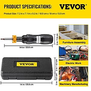 VEVOR Torque Screwdriver, 1/4" Drive Screwdriver Torque Wrench, Torque Screwdriver Electrician 10-50 in/lbs Torque Range Accurate to ±5%, 1/4 to 1/2 Conversion Head with Bits & Case