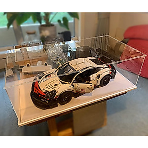 Thickened Clear Acrylic Display Case with Wood-Plastic Base for Lego 42096 42172 42143 42083 42156 Figures Transparent Box Large Organizer Protection, White Inside 23.6X11.8X7.9inch